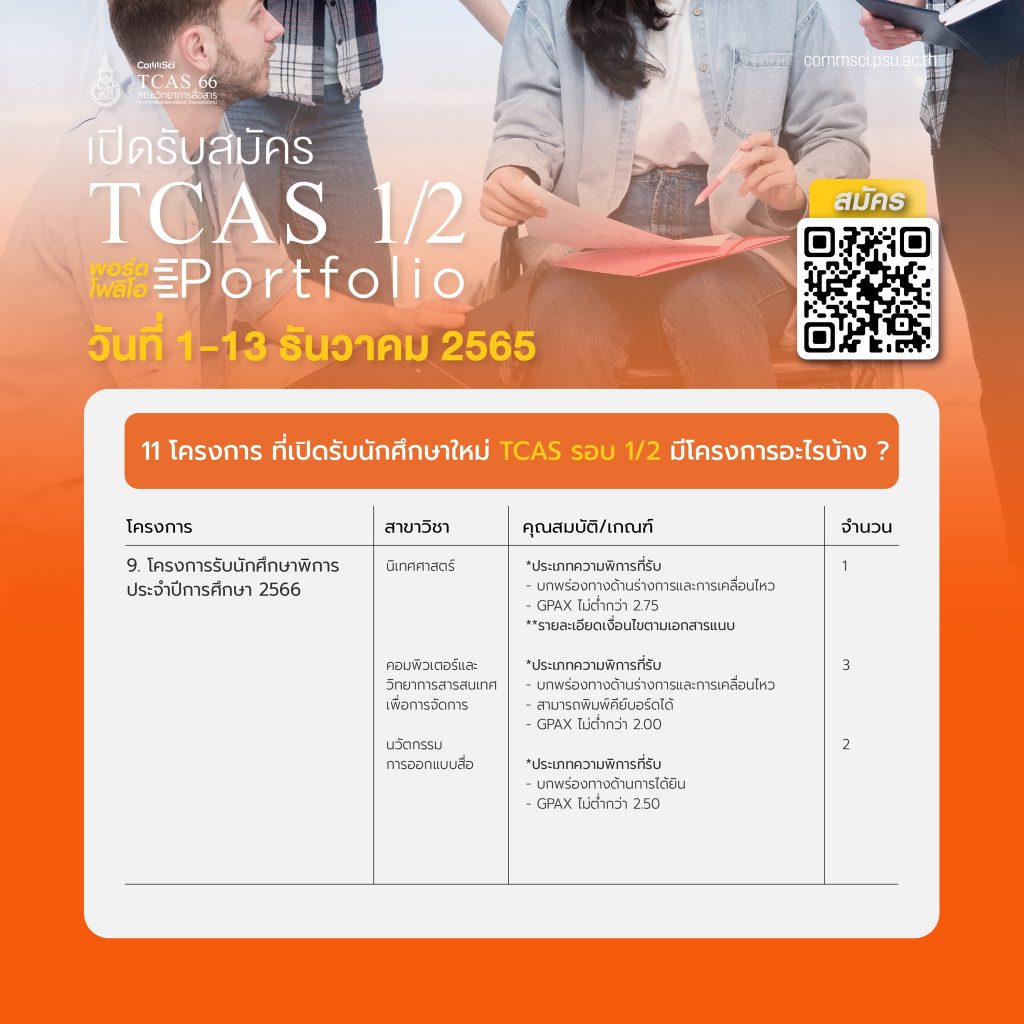 เปิดรับสมัคร TCAS 1/2 คณะวิทยาการสื่อสาร มหาวิทยาลัยสงขลานครินทร์ ระหว่างวันที่ 1-13 ธันวาคม ...